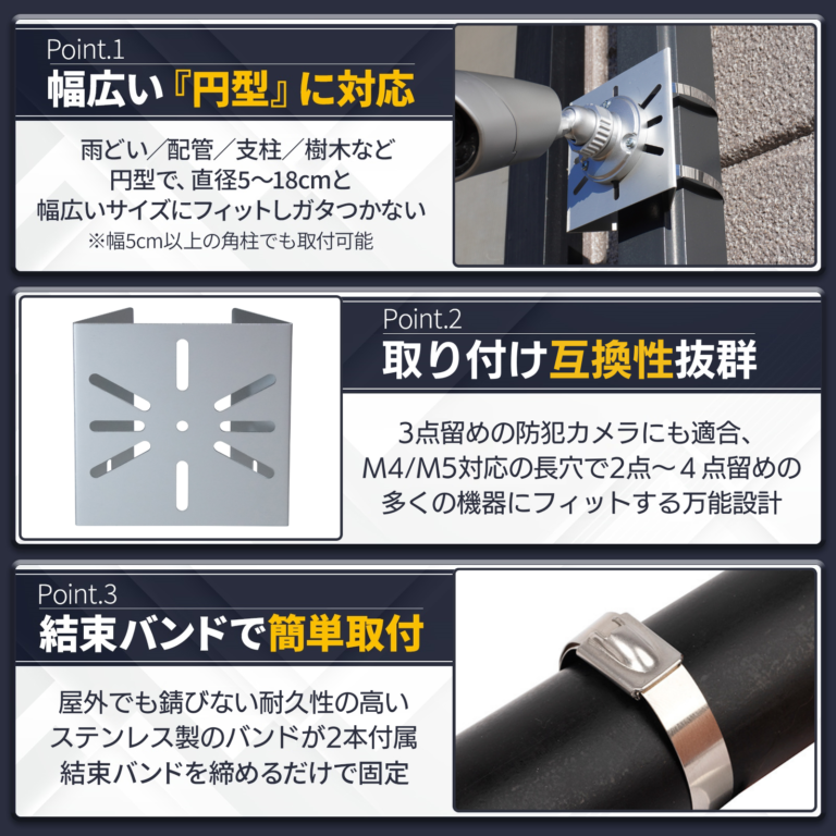 Heptus 【場所を選ばず簡単取付】 取付金具 防犯カメラ 円柱 ステンレス 結束バンド 3点留め対応 | Heptus
