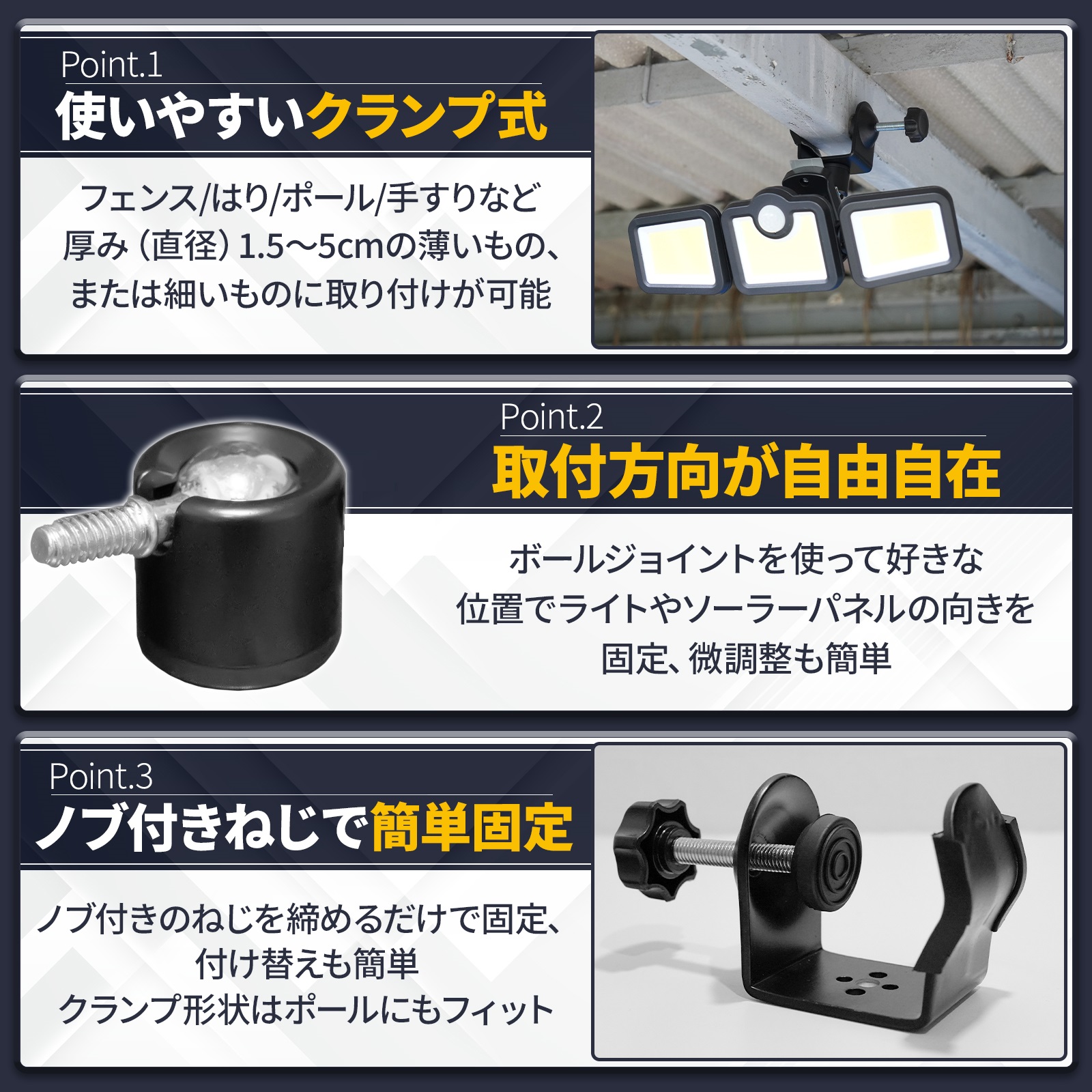 Heptus 【場所を選ばず簡単取付】 取付金具 ソーラーライト 防犯カメラ ポール フェンス クランプ | Heptus